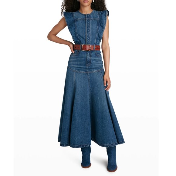 Chloe | Dresses | Chloe Denim Flared Basque Capsleeve Midi Dress Size ...